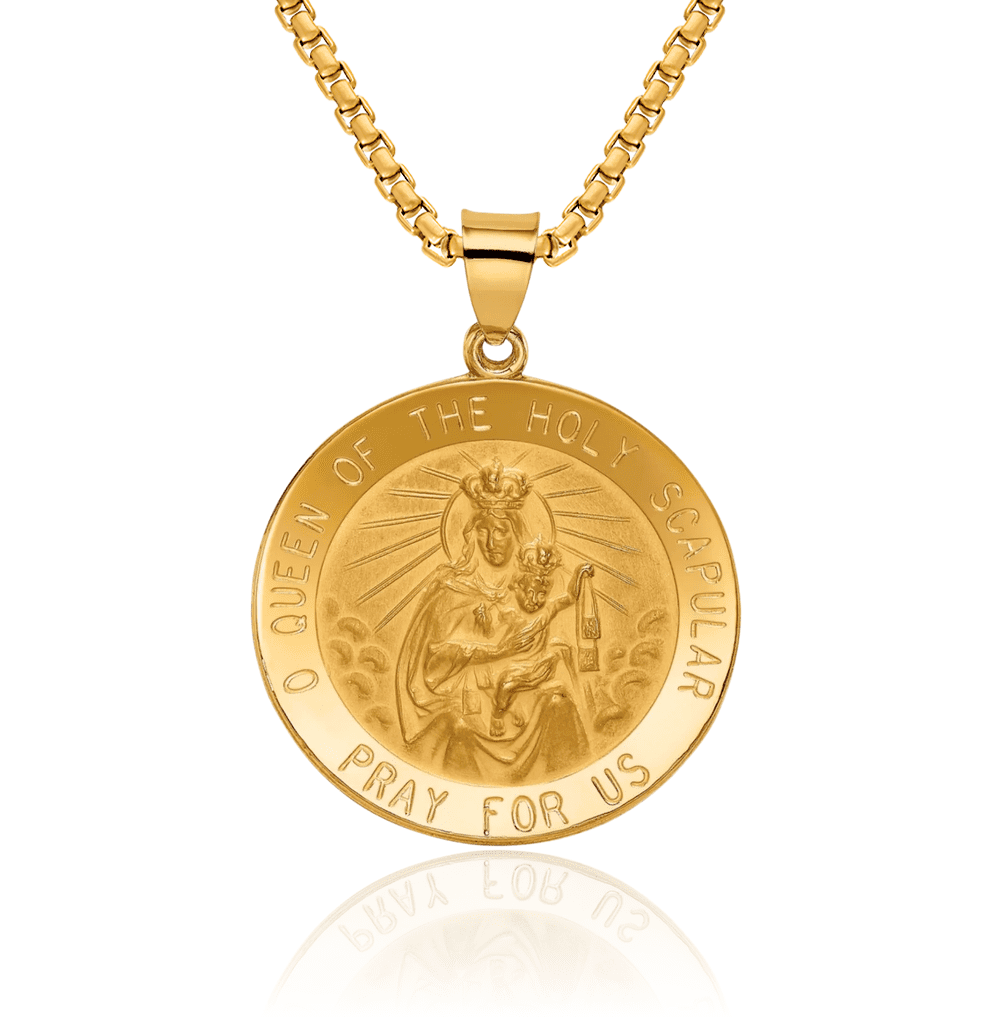 14K Solid Yellow Gold Queen of Holy Scapular Reversible Medal Necklace ...