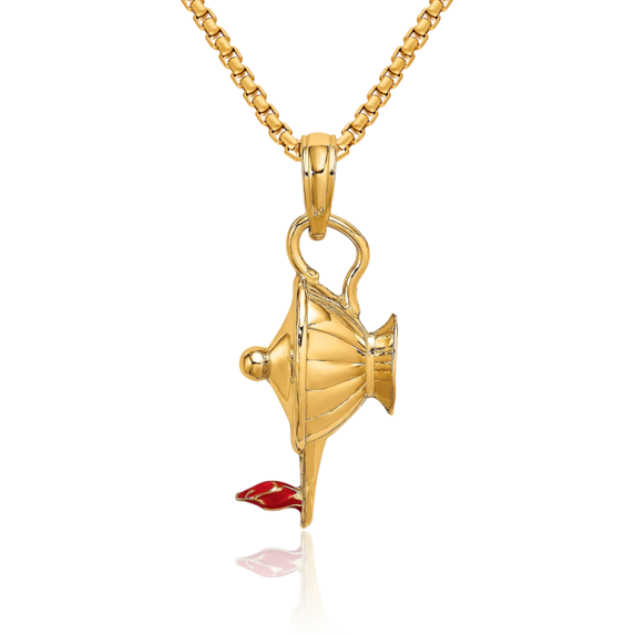 14K Solid Yellow Gold Red Genie Lamp Necklace Chain Pendant Charm with ...
