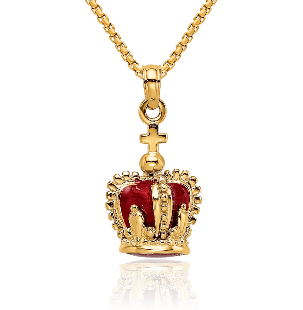 14K Solid Yellow Gold Red Royal Princess Crown Cross Necklace Religious ...