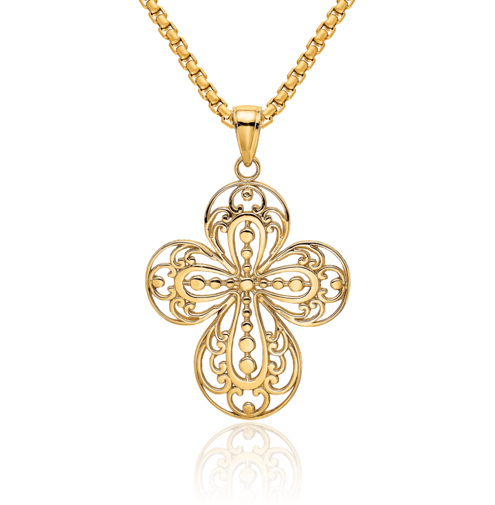 14K Solid Yellow Gold Round Antique Filigree Holy Cross Necklace ...