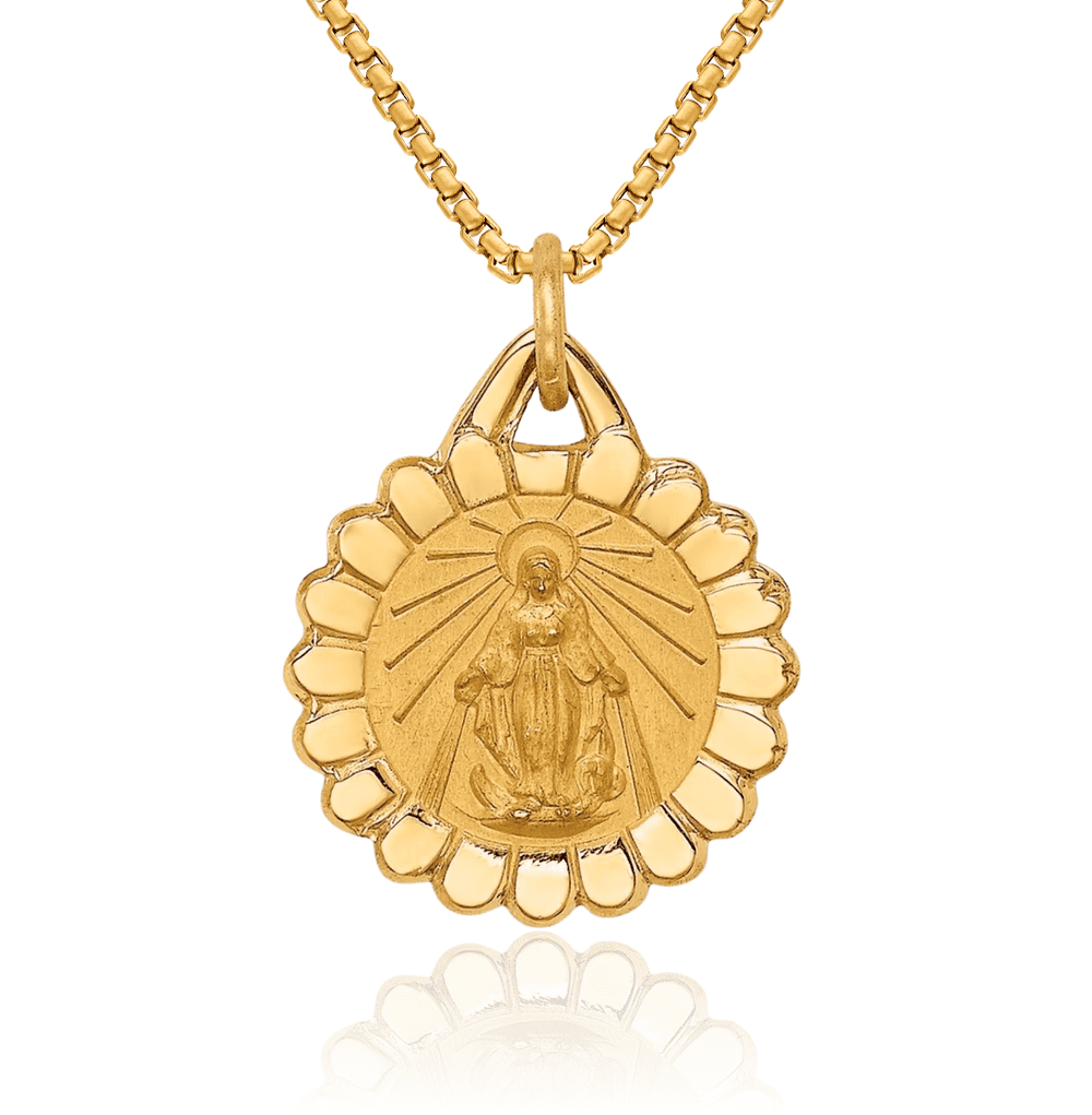 14K Solid Yellow Gold Round Our Lady of Miraculous Medal Blessed Virgin ...