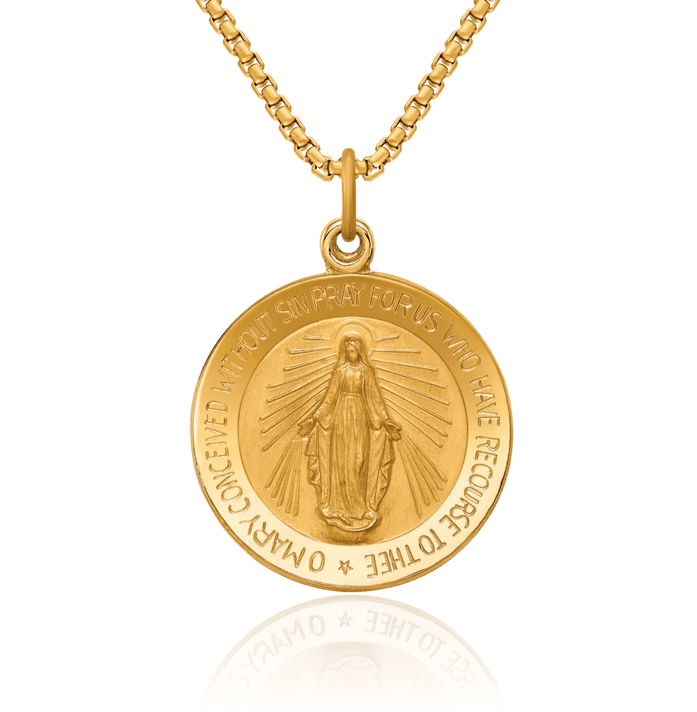 14K Solid Yellow Gold Round Our Lady of Miraculous Medal Blessed Virgin ...