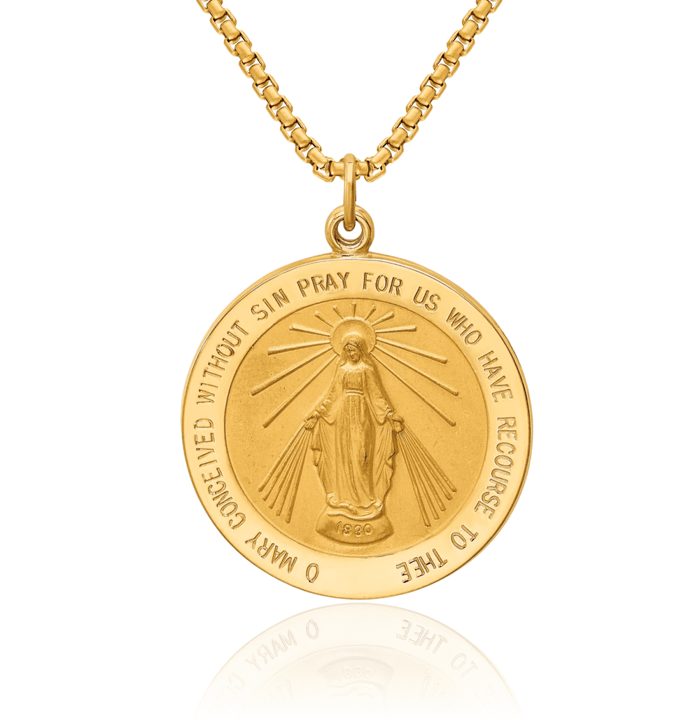 14K Solid Yellow Gold Round Our Lady of Miraculous Medal Blessed Virgin ...