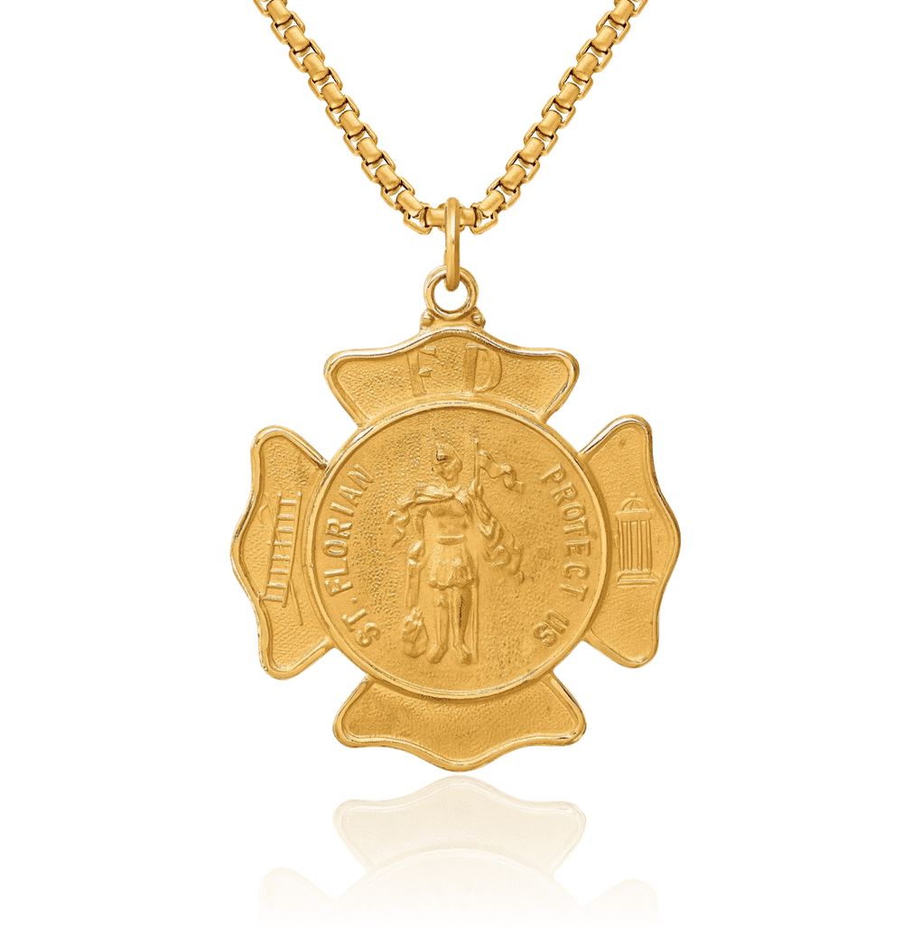 14K Solid Yellow Gold Saint Florian Fire Department FD Medal Necklace ...