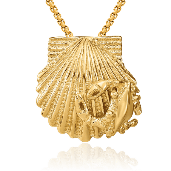 14K Solid Yellow Gold Scallop Shell Crab Claw Slide Necklace Chain Pendant Charm with chain ...