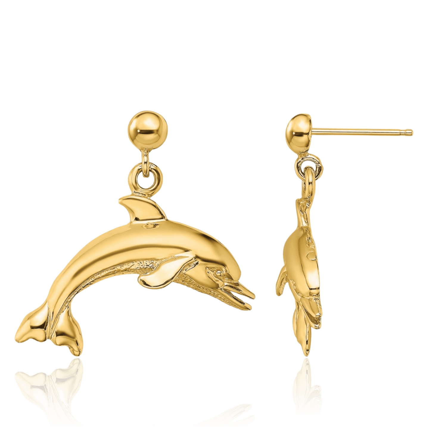 14K Solid Yellow Gold Sea Dolphin Ocean Fish Beach Nautical Drop Dangle ...