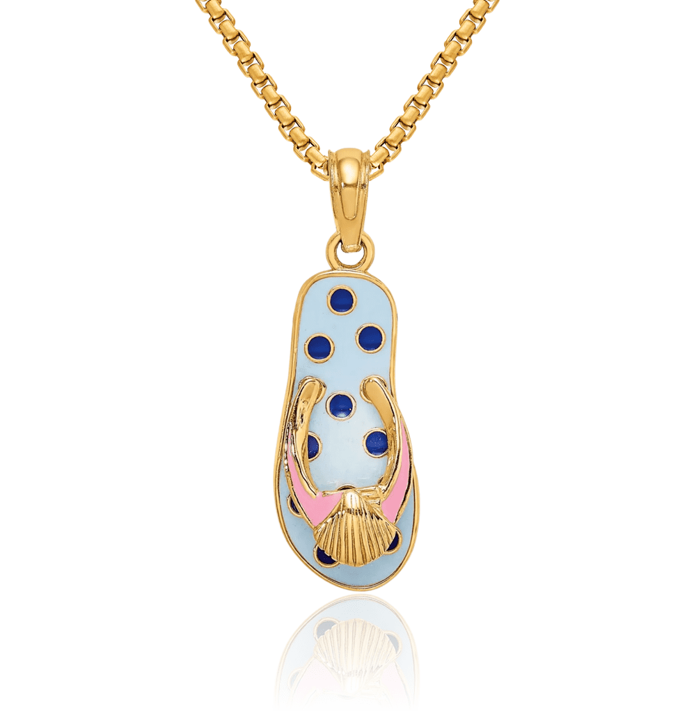 14K Solid Yellow Gold Shell Blue Polka Dot Hawaiian Flip Flop Necklace ...