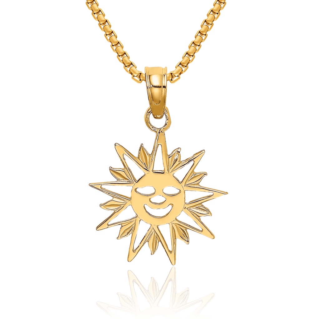 14K Solid Yellow Gold Smiling Sun Necklace Sunshine Pendant Sunburst ...