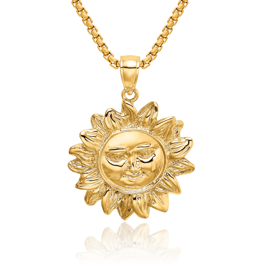 14K Solid Yellow Gold Smiling Sun Necklace Sunshine Pendant Sunburst ...