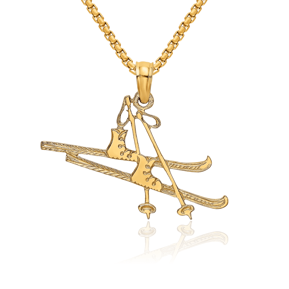 14K Solid Yellow Gold Snow Skis Boot Pole Necklace Skiing Snowboarding ...
