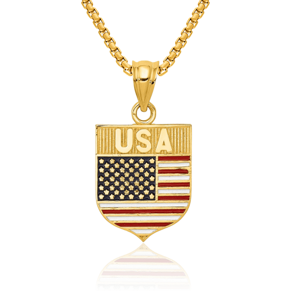 14K Solid Yellow Gold Usa Flag Necklace Chain Pendant Charm with chain ...