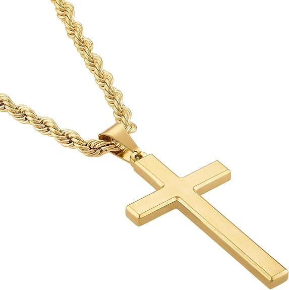14K Stainless Steel Gold Plated Rope Chain Cross Pendant Necklace 4MM ...