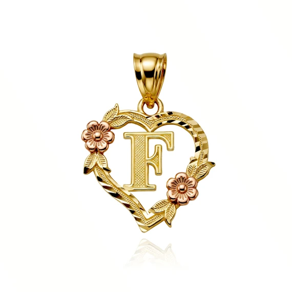 14K TWO-TONED (Yellow and Rose) Gold Letter "A-Z" Initial Flower Heart ...