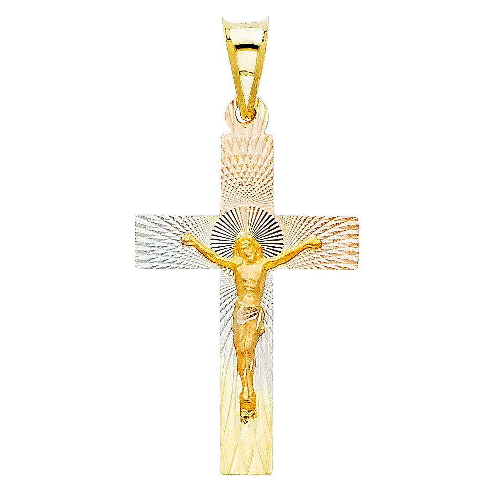 14K Tri Color Gold Diamond Cut Crucifix Jesus Cross Stamp Religious ...