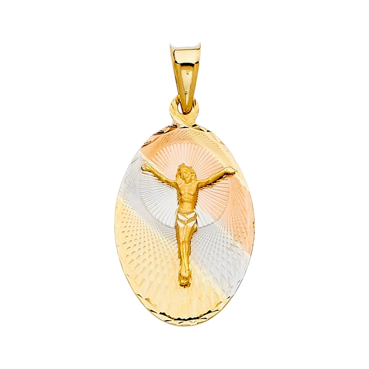 14K Tri-Color Gold Diamond Cut Jesus Stamp Religious Pendant for Men ...