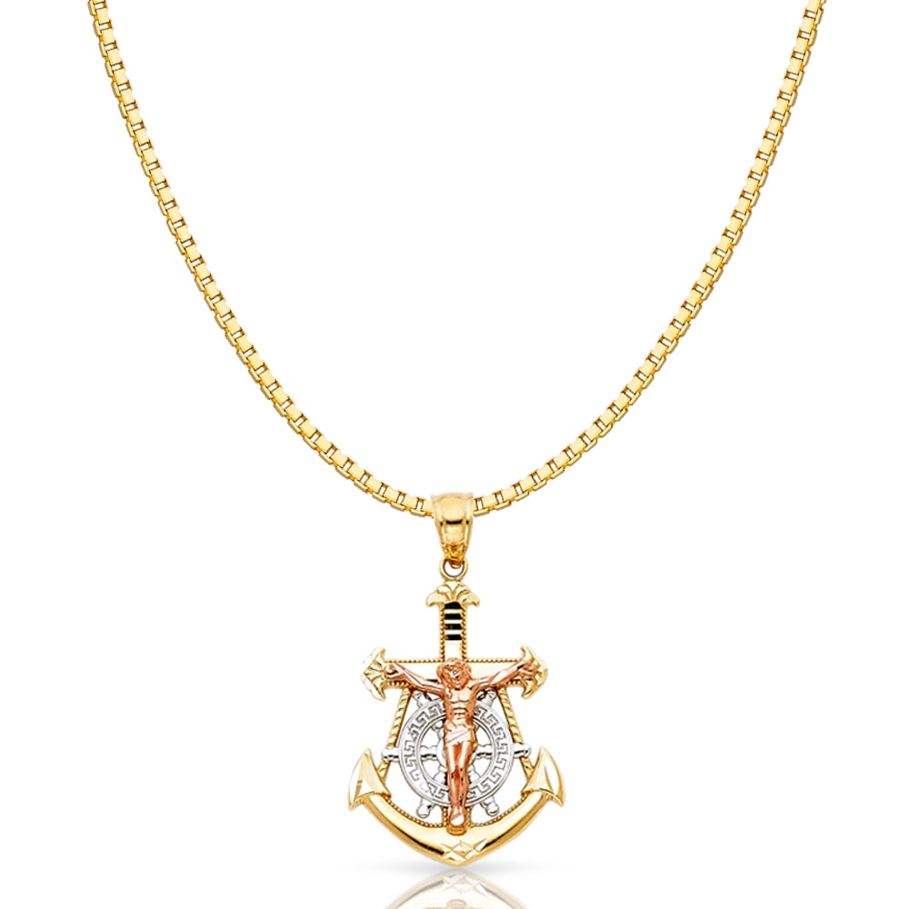 14K Tri Color Gold Jesus Crucifix Anchor Religious Charm Pendant with 1 ...