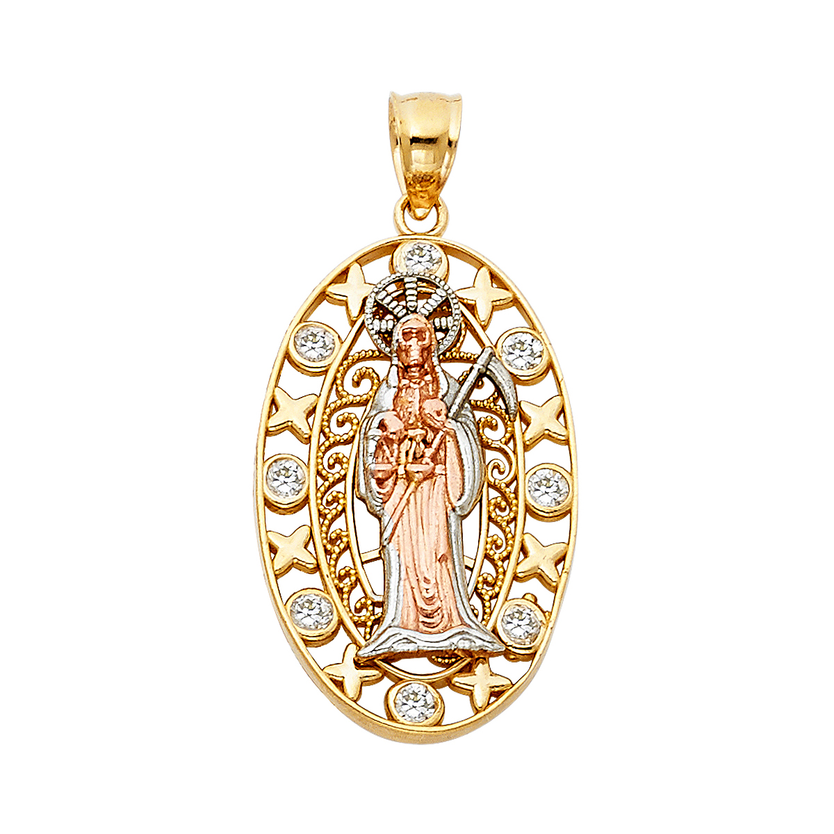 14K Tri Color Gold Religious Santa Muerte Pendant | 3C Gold Charm ...