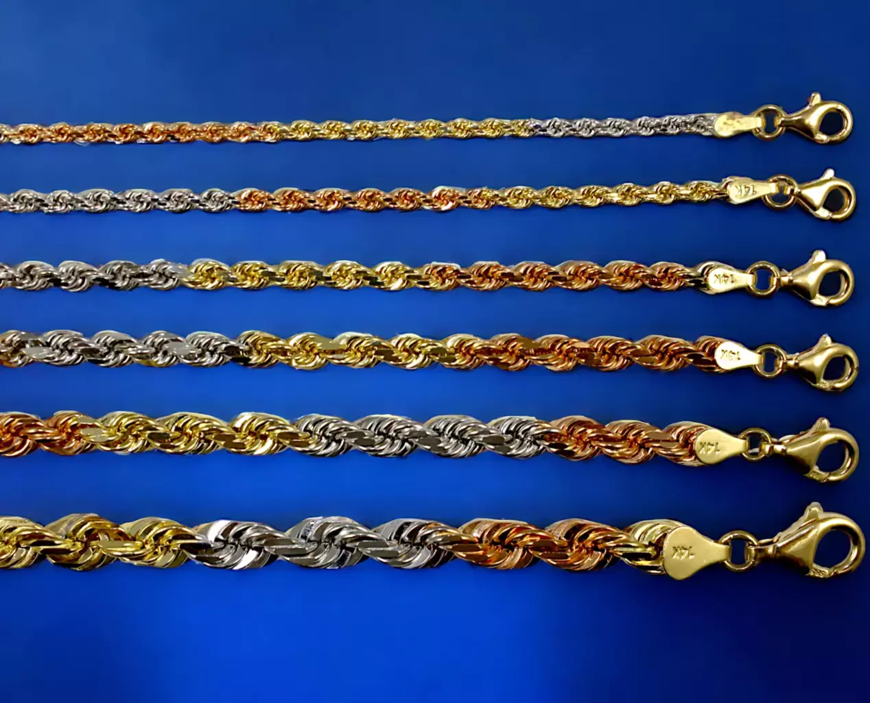 14K Tri Color Gold SOLID Rope Chain Necklace Diamond Cut Real Men Women ...