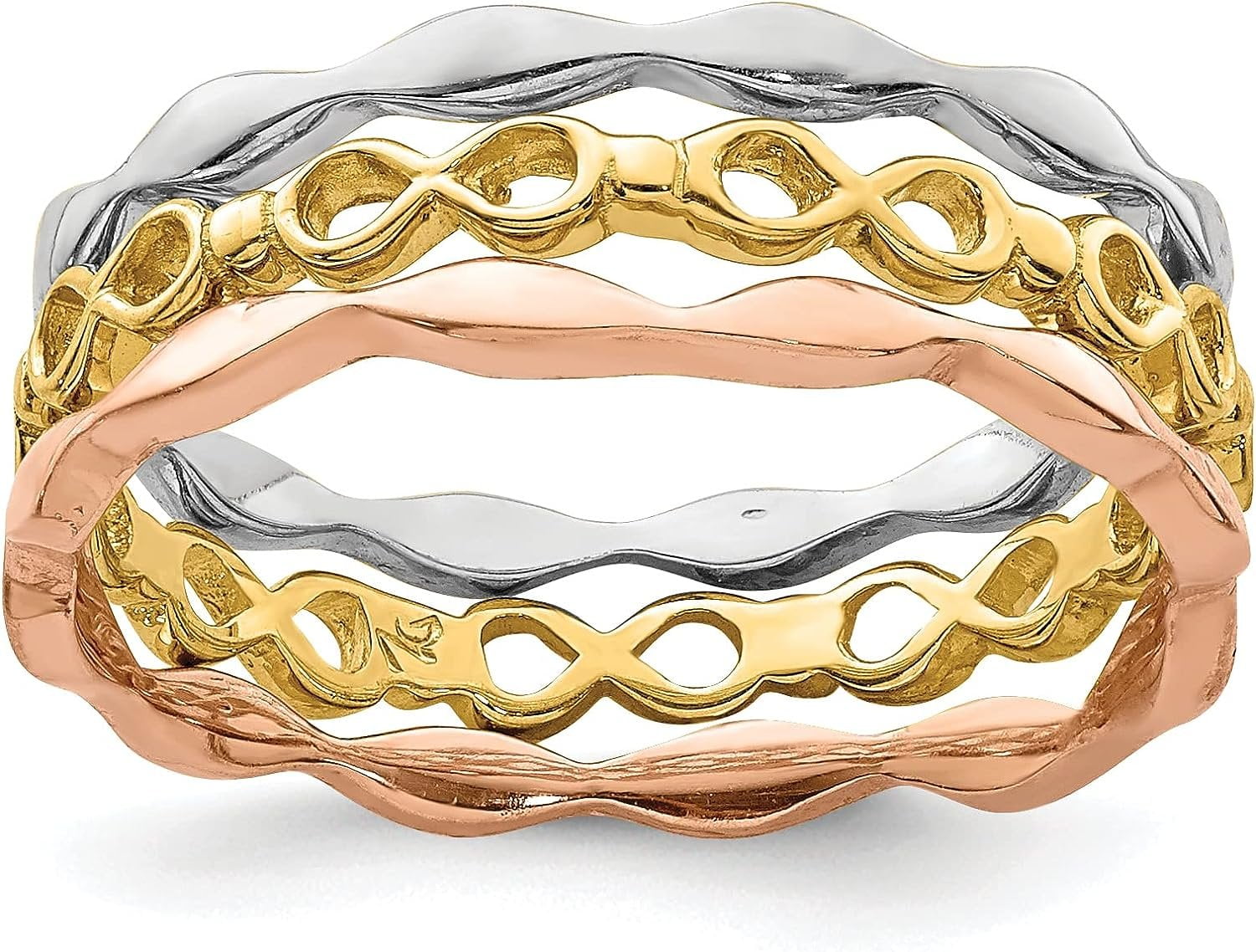 14K Tri-Color Gold Yellow, White & Rose Set of 3 Stackable Rings - Ring ...