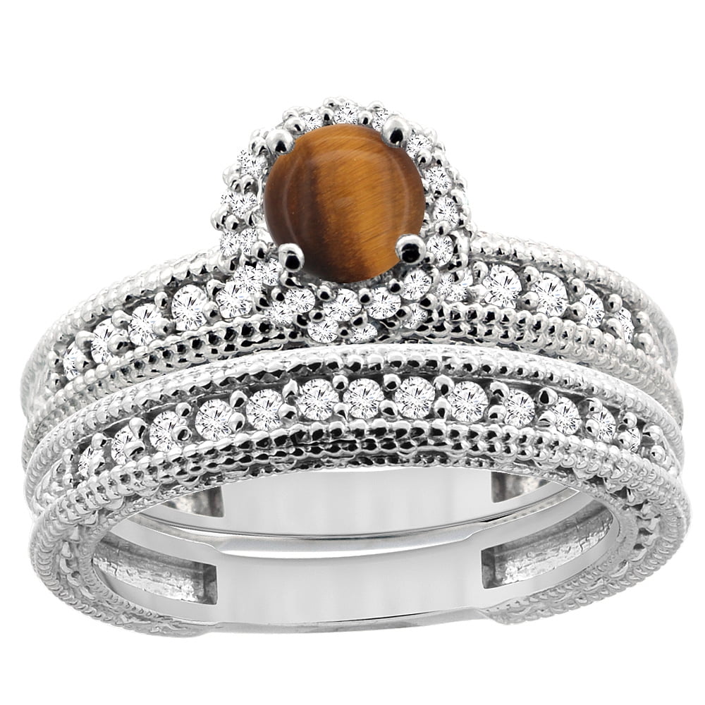 14K White Gold Diamond Natural Tiger Eye Round 4mm Engagement Ring 2 ...