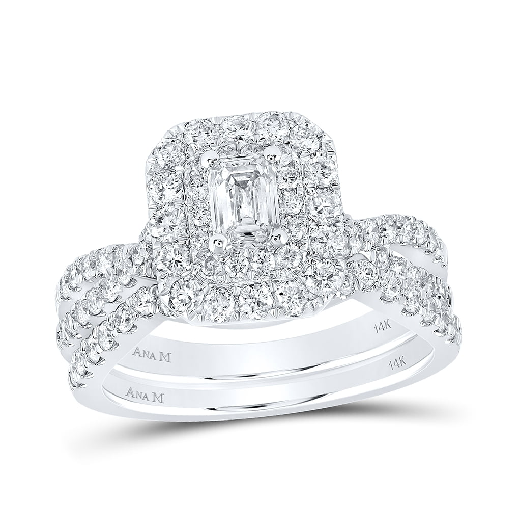 14K White Gold Emerald Dia. Halo Bridal Wedding Band Set 1-1/2ctw ...