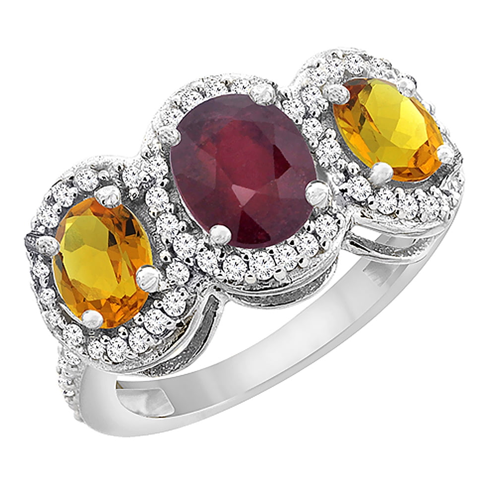14K White Gold Enhanced Ruby & Natural Citrine 3-Stone Ring Oval ...