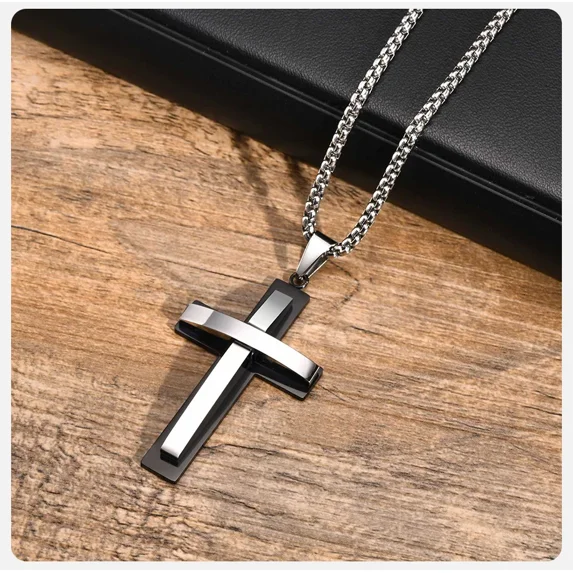 14K White Gold Filled Two-Tone Double Layer Chunky Cross Pendant ...