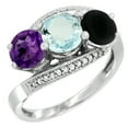 14K White Gold Natural Amethyst, Aquamarine & Black Onyx 3 stone Ring ...