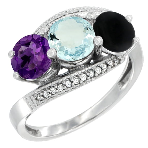 14K White Gold Natural Amethyst, Aquamarine & Black Onyx 3 stone Ring ...
