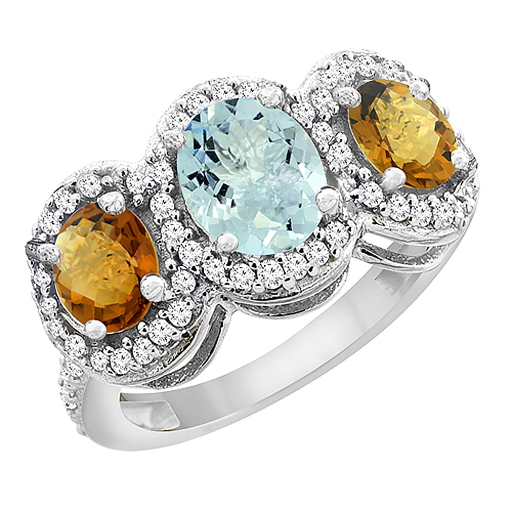 14K White Gold Natural Aquamarine & Whisky Quartz 3-Stone Ring Oval ...