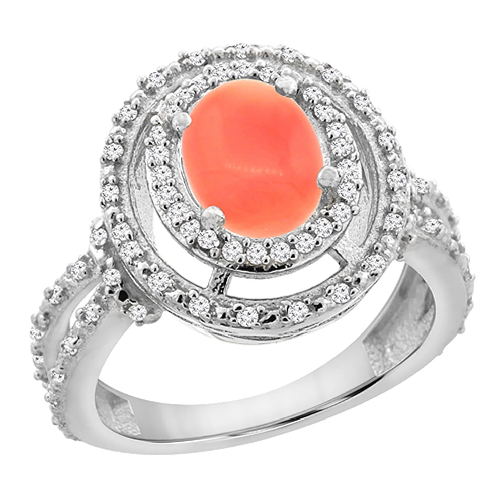 14K White Gold Natural Coral Ring Oval 8x6 mm Double Halo Diamond, size ...
