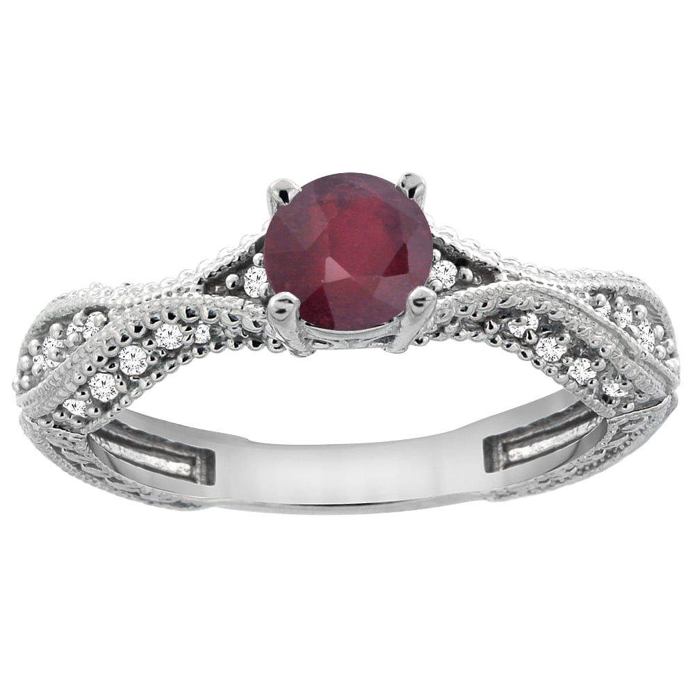 14K White Gold Natural Enhanced Ruby Round 5mm Engraved Engagement Ring ...