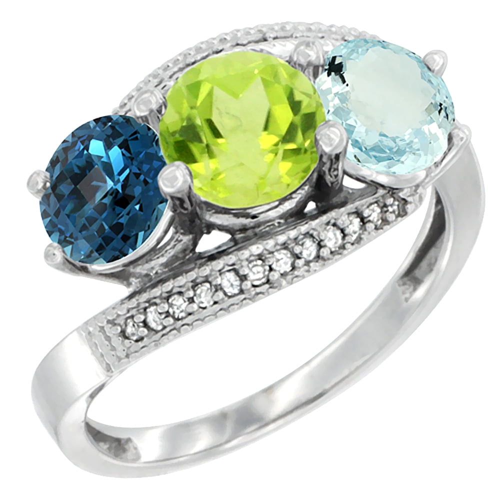 14K White Gold Natural London Blue Topaz, Peridot & Aquamarine 3 stone ...