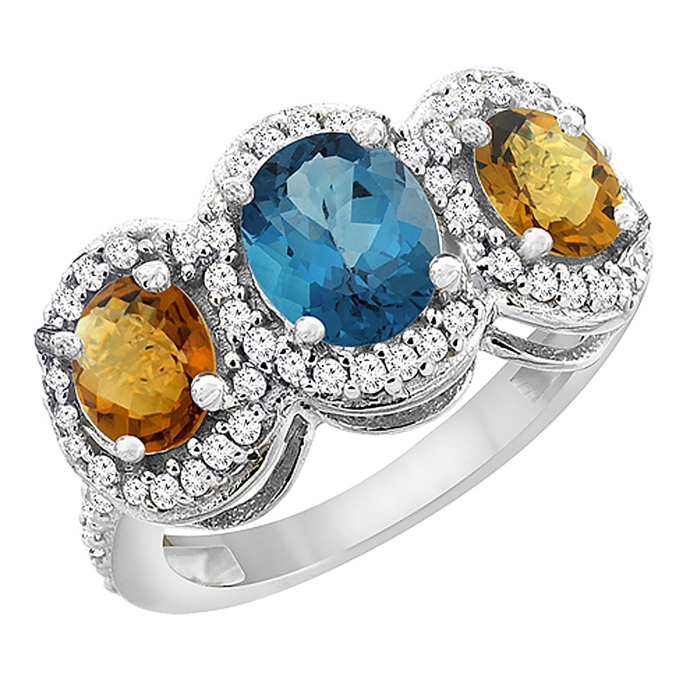 14K White Gold Natural London Blue Topaz & Whisky Quartz 3-Stone Ring ...