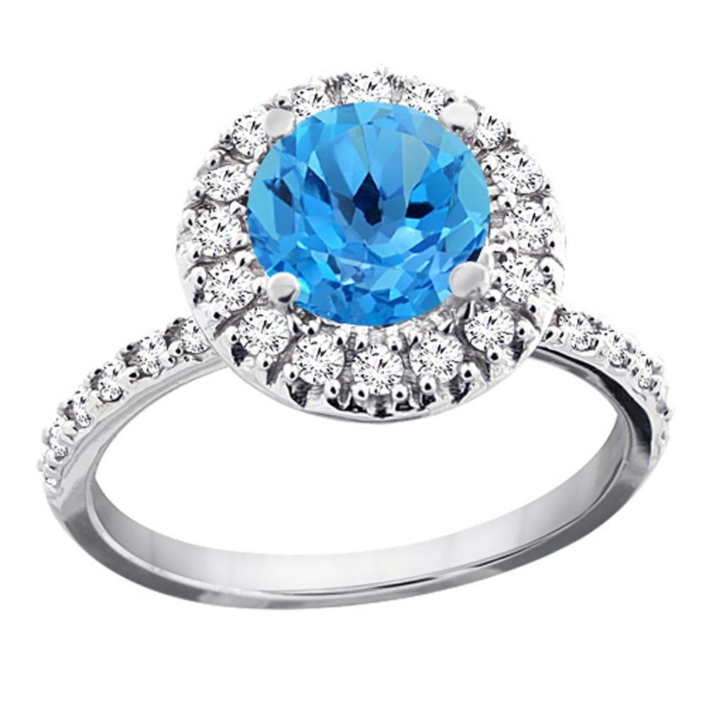 14K White Gold Natural Swiss Blue Topaz Ring Round 8mm Floating Halo ...