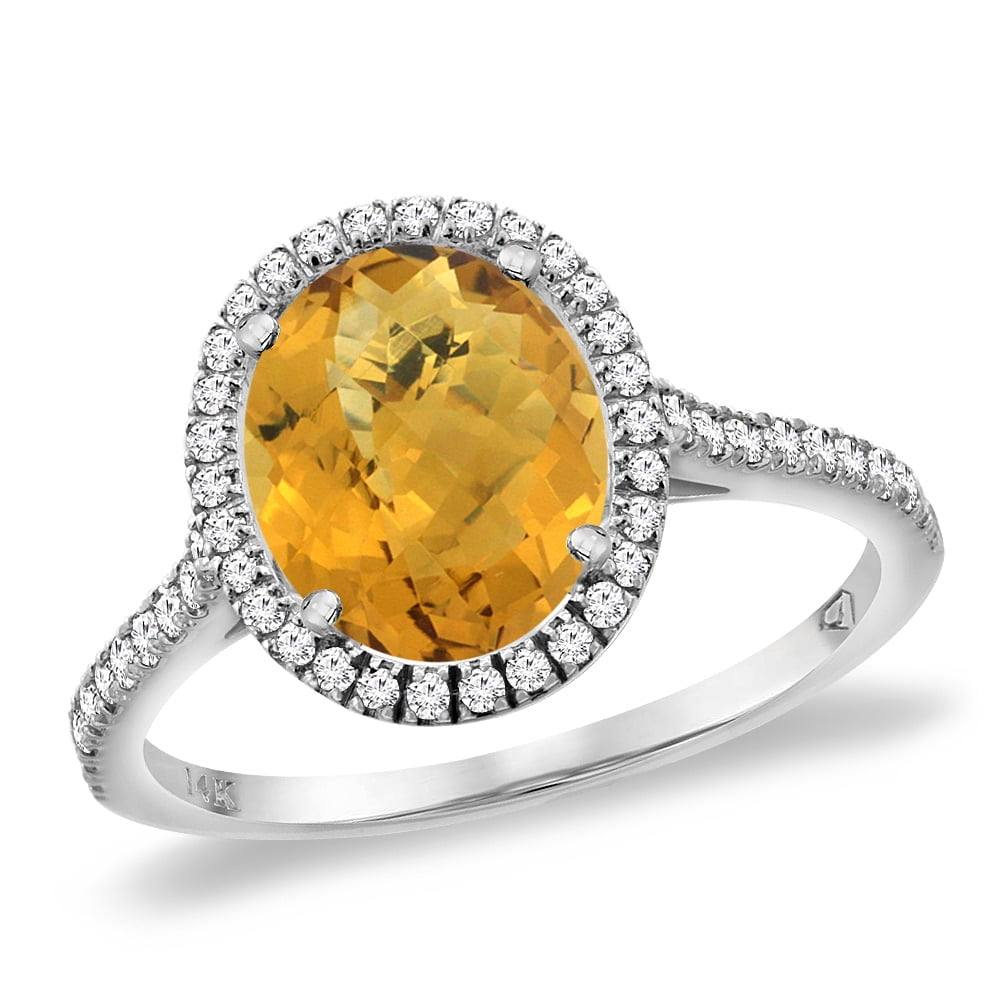 14K White Gold Natural Whisky Quartz Diamond Halo Engagement Ring 10x8 ...