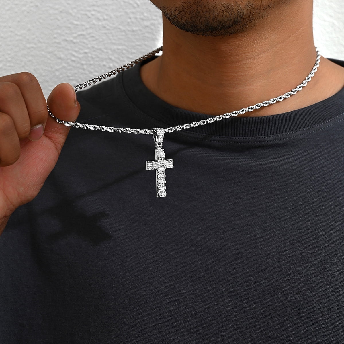 14K White Gold Necklace Inlaid Crystal Zircon Fashion Cross Men's ...