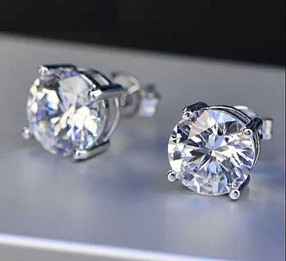 14K White Gold Over 7 MM Round Cut Cz Diamond Push Back Studs Earrings ...