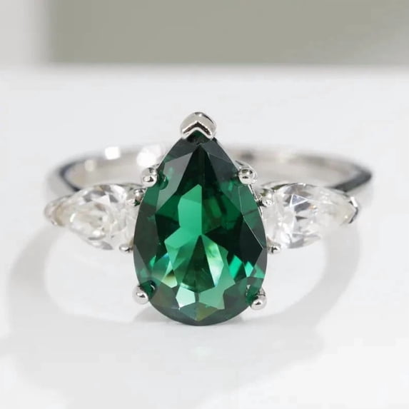 14K White Gold Plated 2Ct Pear Cut Simulated Emerald Three Stone Women ...