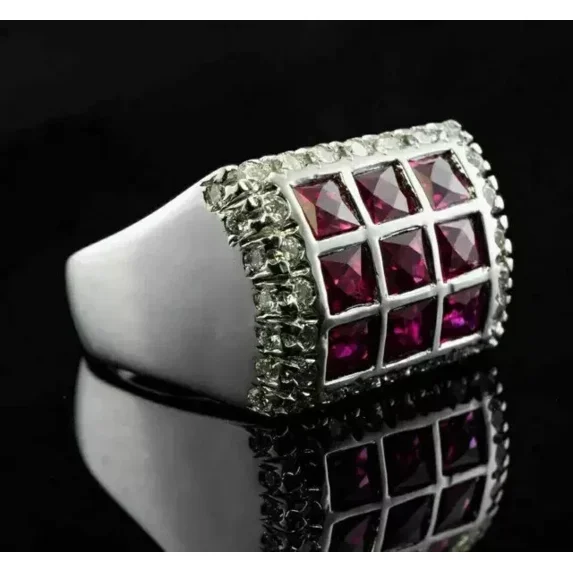 14K White Gold Plated 2Ct Princess Cut Simulated Ruby Red Men's Wedding ...