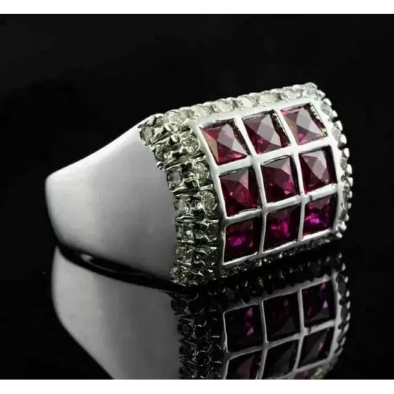 14K White Gold Plated 2Ct Princess Cut Simulated Ruby Red Men's Wedding ...