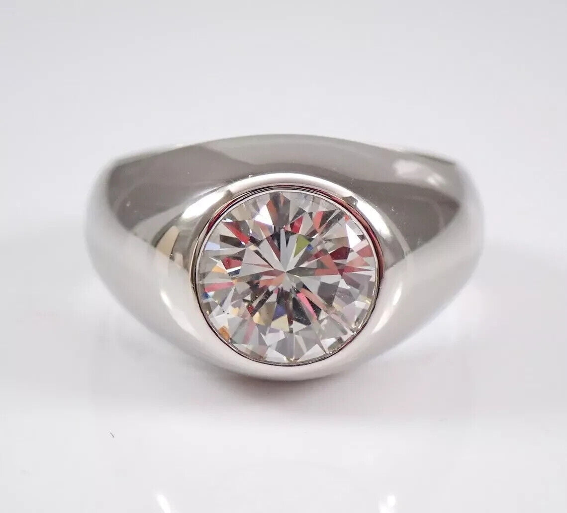 14K White Gold Plated 2Ct Round Lab Created Diamond Men's Solitaire Bezel Set Wedding Ring 925 ...