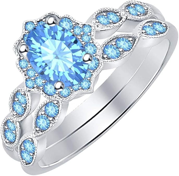 14K White Gold-Plated 925 Sterling Silver Oval Shape Blue Topaz Vintage Style Wedding Engagement ...