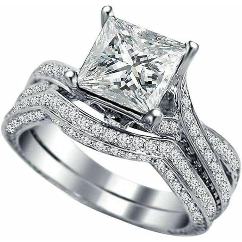 14K White Gold-Plated Bridal Set 2 CT Princess Cut White Diamond Engagement Ring with Curved ...