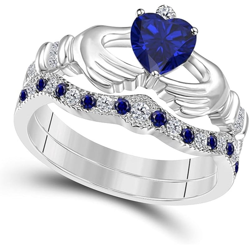 14K White Gold-Plated Crown Design Claddagh Bridal Set 1 CT Heart-Cut ...