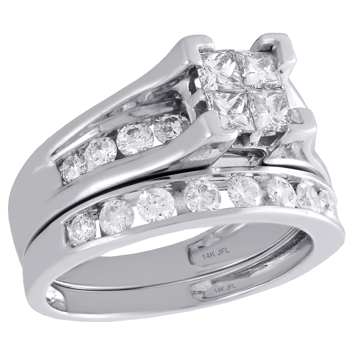 14K White Gold Princess Diamond Bridal Set Engagement + Wedding Rings 1 ...