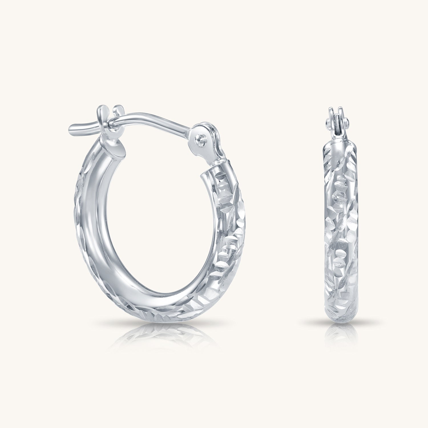 14K White Gold Round Hoop Earring with Tornado Engraved Design | 13mm ...