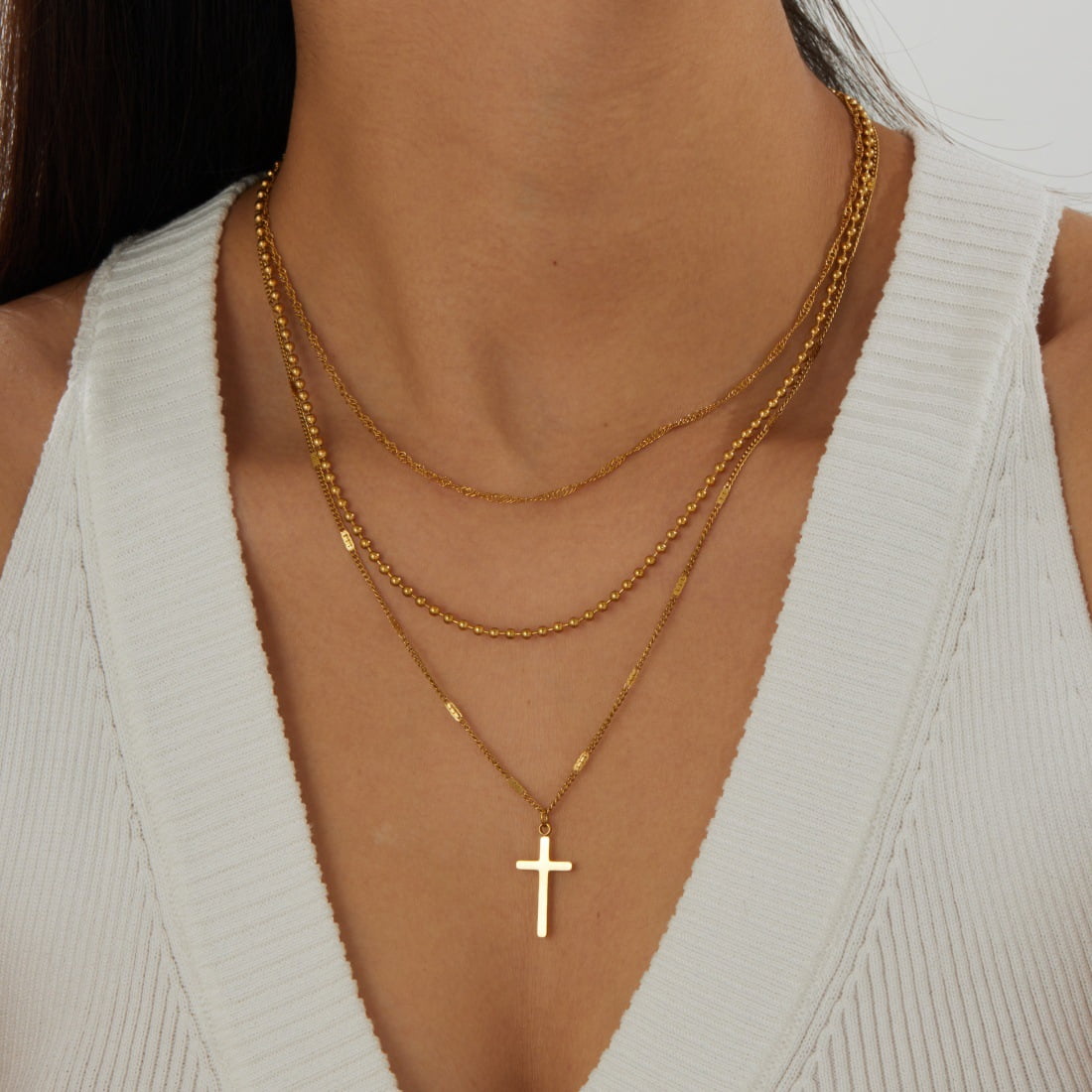 14K White Gold Simple Stylish Golden Cross Pendant Multilayer Necklace ...