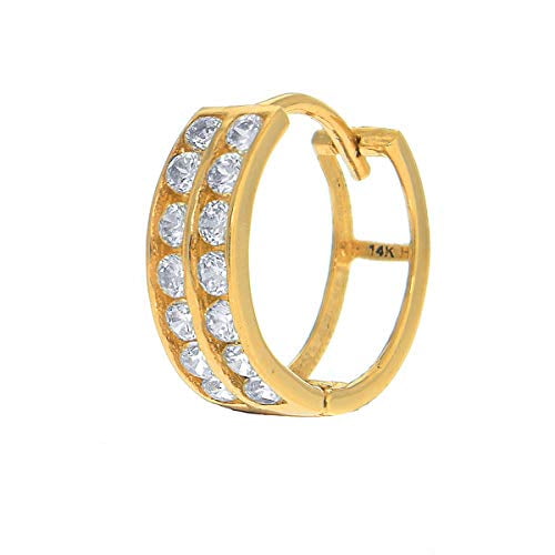 14K Yellow Gold 2-Row Channel Set CZ Huggie Hoop Men's Single Earring ...