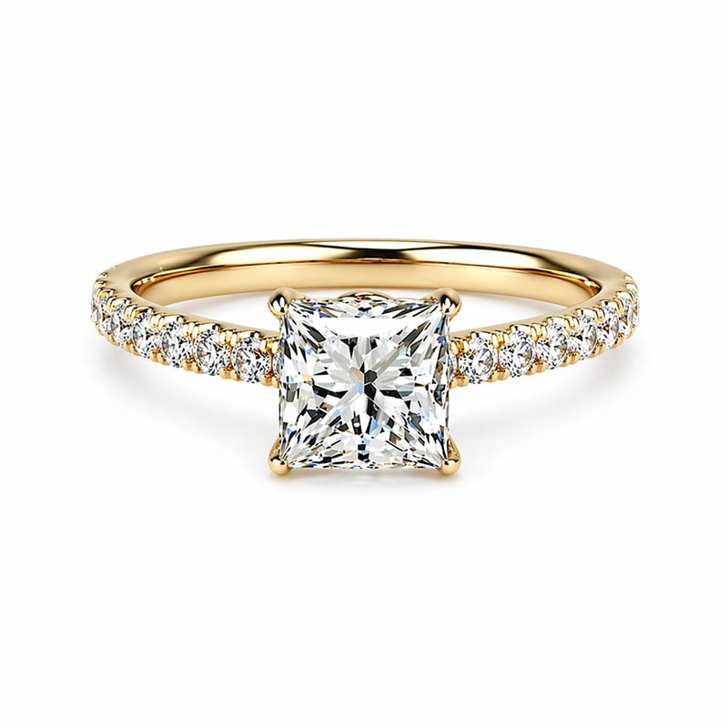 14K Yellow Gold Bridal 1.5 Ct Princess Cut Lab Diamond Pave Band ...